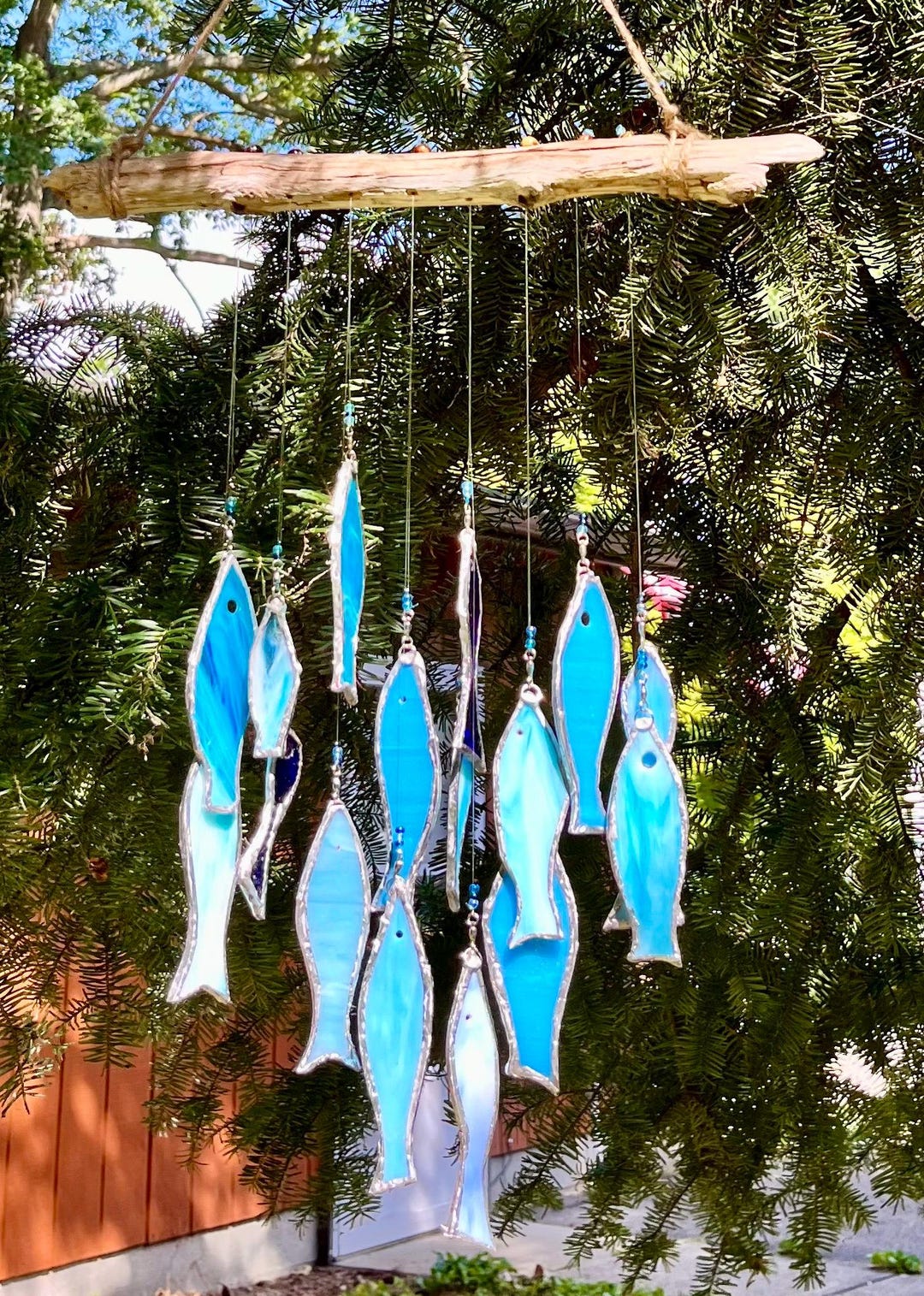 Stained Glass Fish Mobile: Driftwood Wind Chime, Unique Wall Art - Etsy