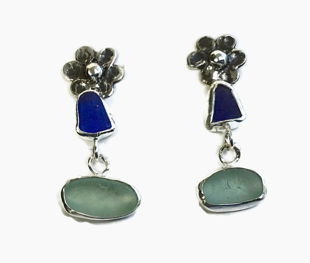 Cobalt Blue and Sea Foam Sea Glass Studs, Artisan Sterling Silver ...