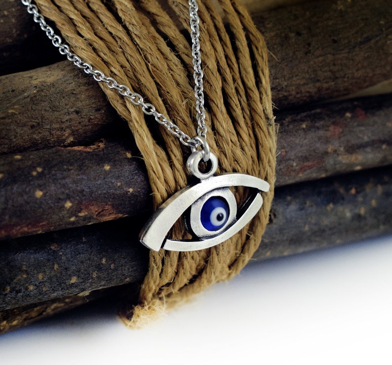 Evil Eye Necklace Blue Greek Mati Hamsa Silver Tone Pendant - Etsy