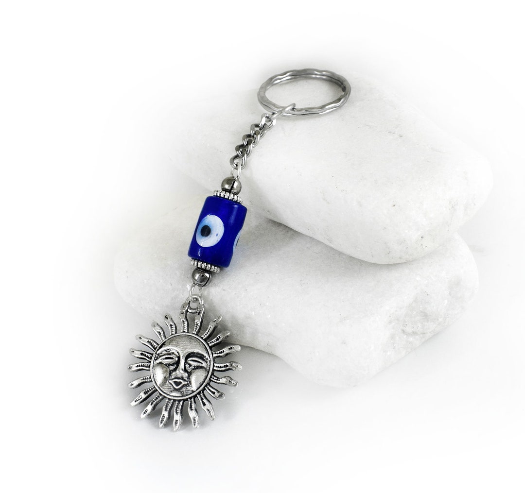Sun Keychain Keyring With Blue Glass Evil Eye Bead, Greek Mati - Etsy