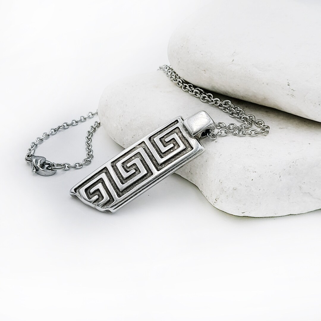 Greek Key Necklace With Stainless Steel Chain, Meander Jewelry Unisex ...