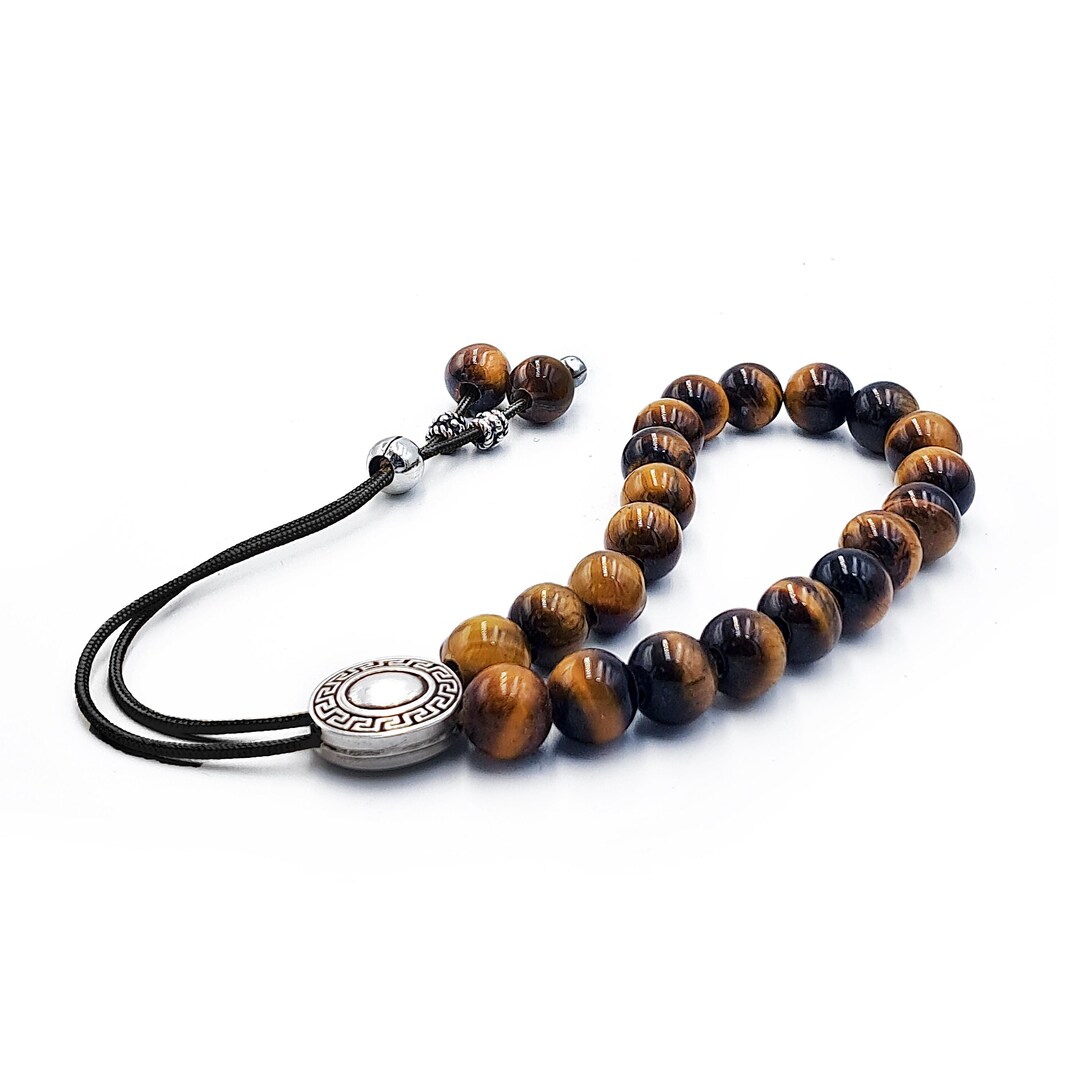 Tiger Eye Komboloi, Greek Worry Beads, Silver Tone Metal Shield Bead - Etsy