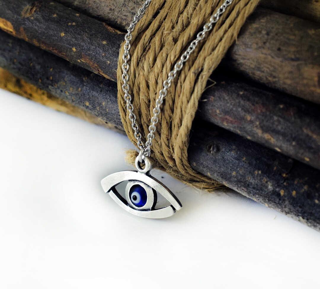 Evil Eye Necklace Blue Greek Mati Hamsa Silver Tone Pendant Charm Chain ...