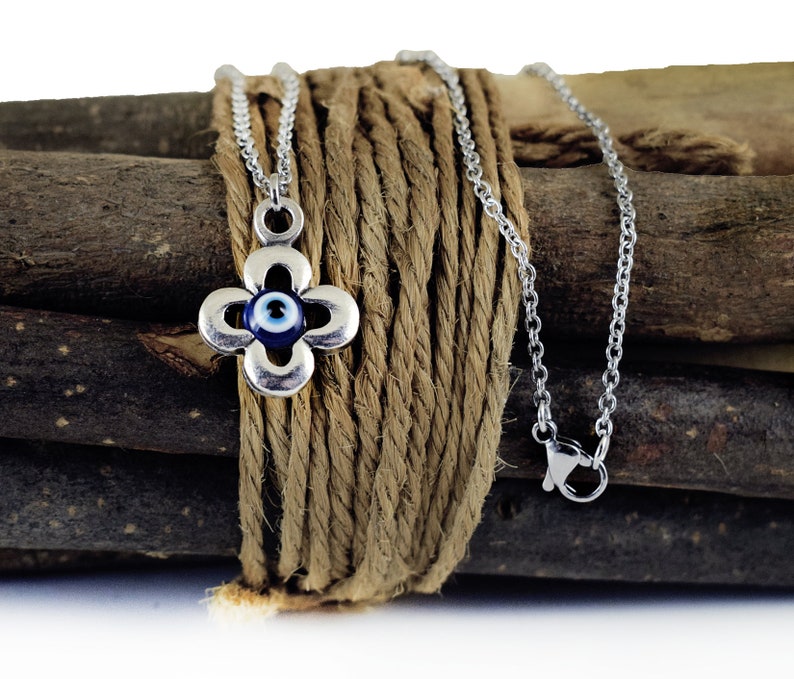 Evil Eye Necklace, Blue Greek Mati Hamsa, Silver Tone Cross Pendant ...