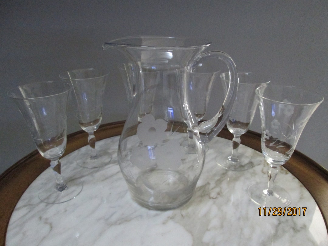 Vintage Floral Glass Pitcher With Handle and 6 Wine Glasses - Etsy