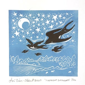 Moonlight Swallow, Flying Birds,linocut Print, Graphic Design Print ...