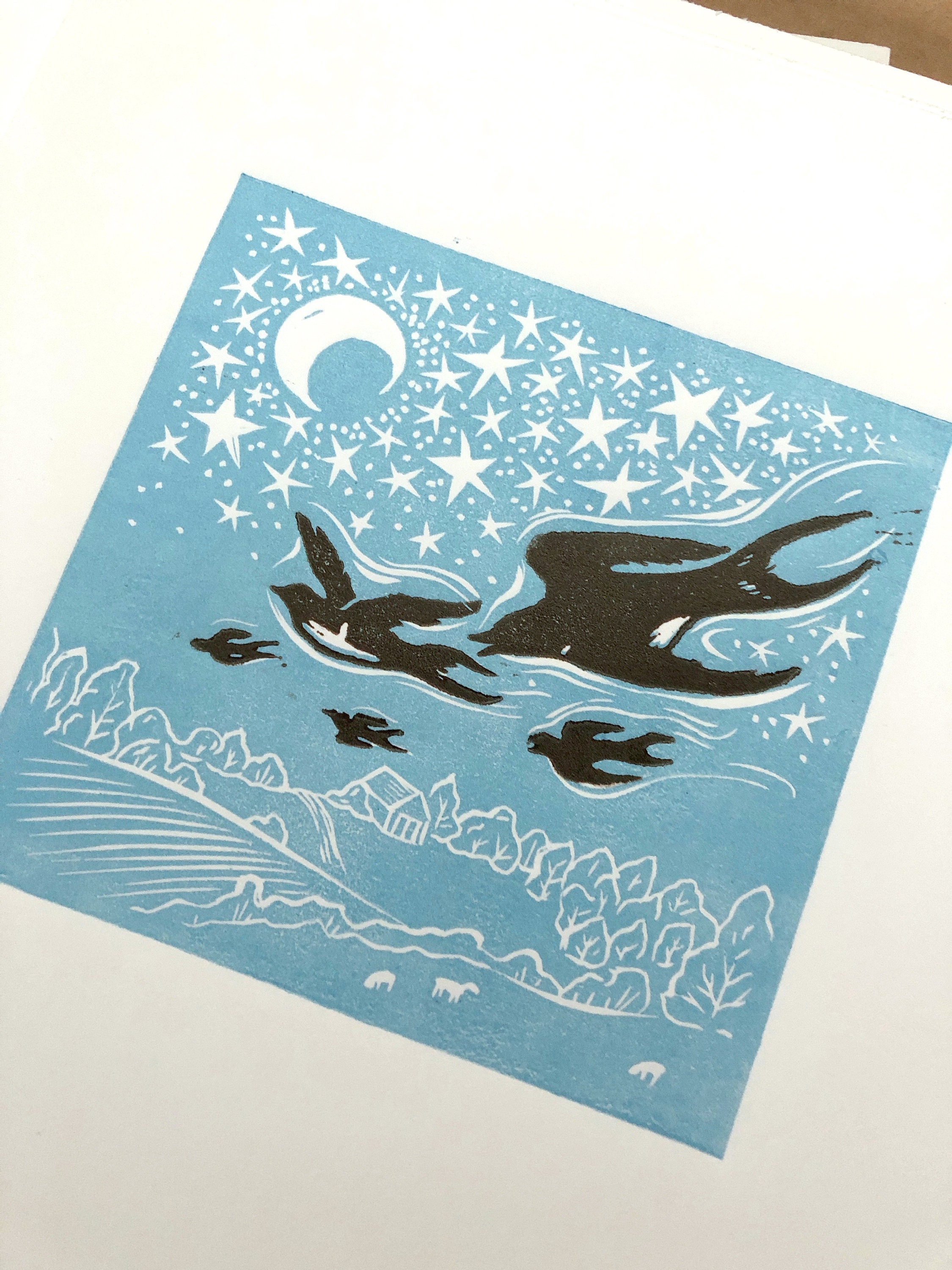 Moonlight Swallow, Flying Birds,linocut Print, Graphic Design Print ...