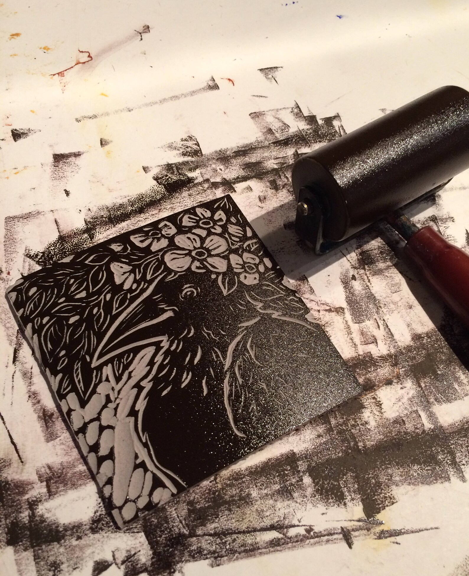 Florist-crow With Hat of Flowers-raven-linoleum Print-printmaking ...