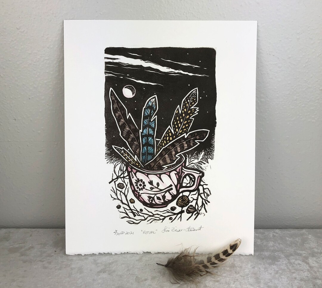 Feather Still Life Linocut Print: Vintage Tea Cup, Moonlit Night - Etsy