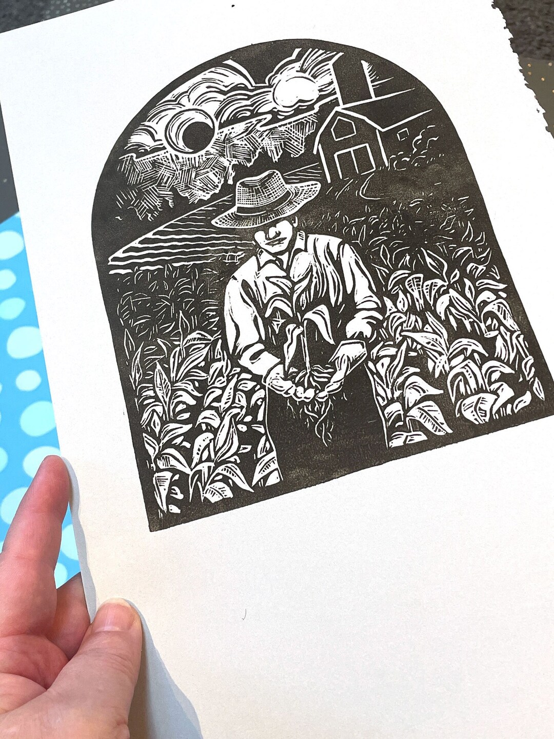 Farmer, Linocut, Printmaking, Field of Corn, Night Scene, Farm Scene ...