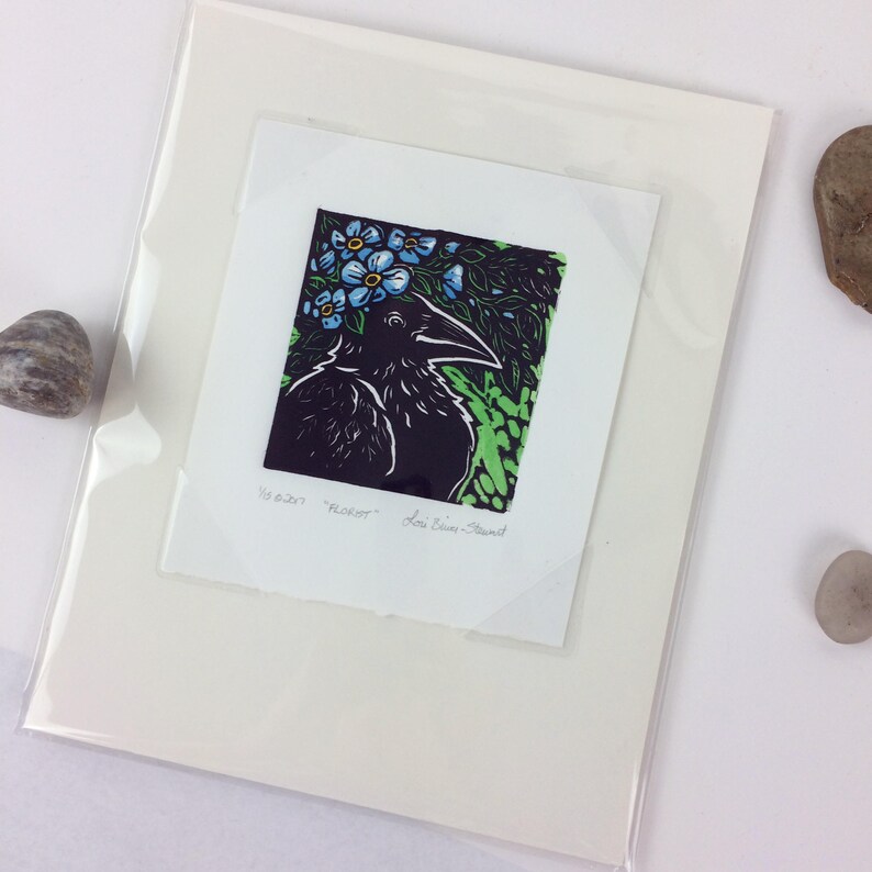 Florist-crow With Hat of Flowers-raven-linoleum Print-printmaking ...