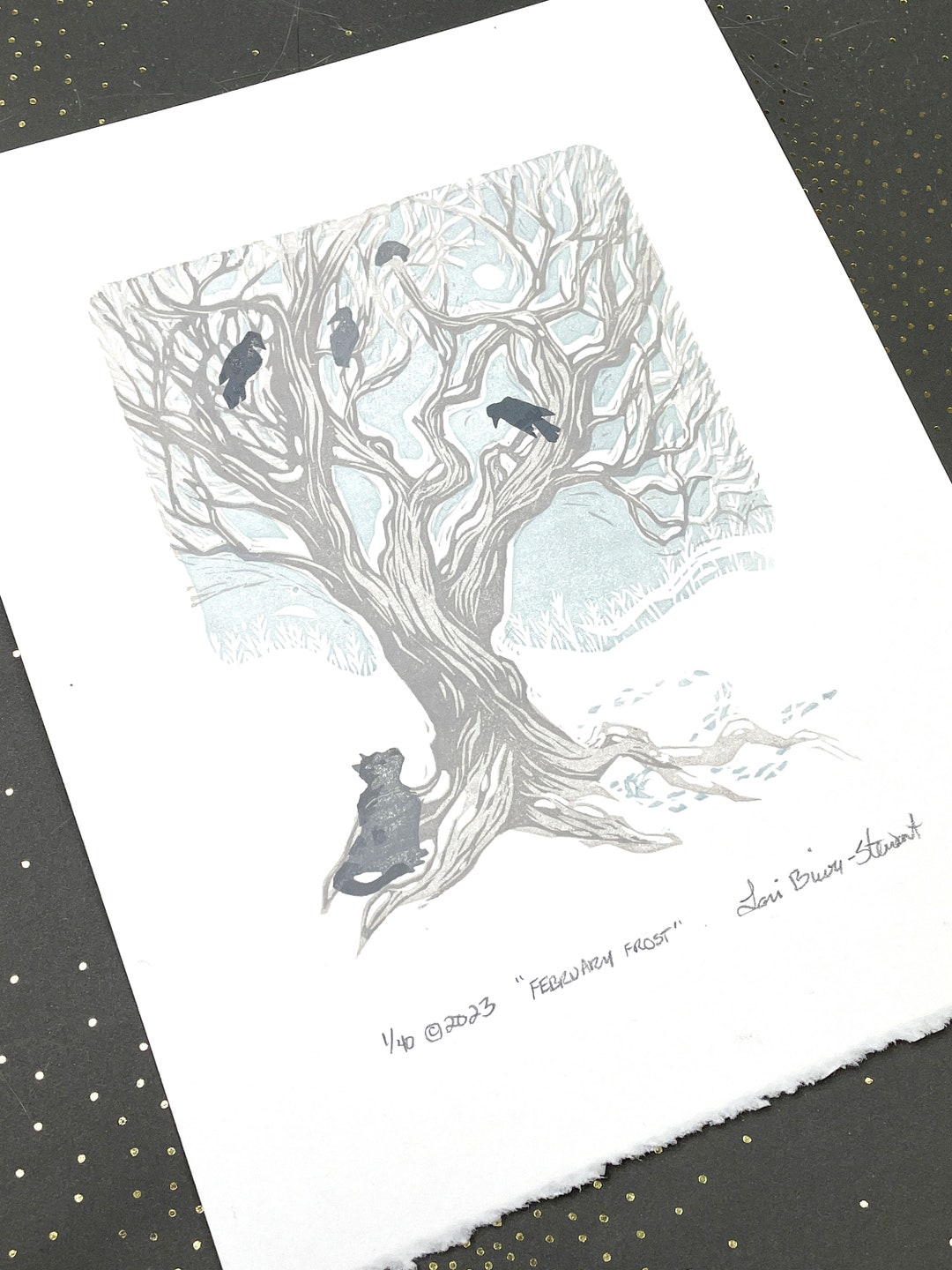 Winter Crows Linocut Print: February Frost, Cat in Snow - Etsy
