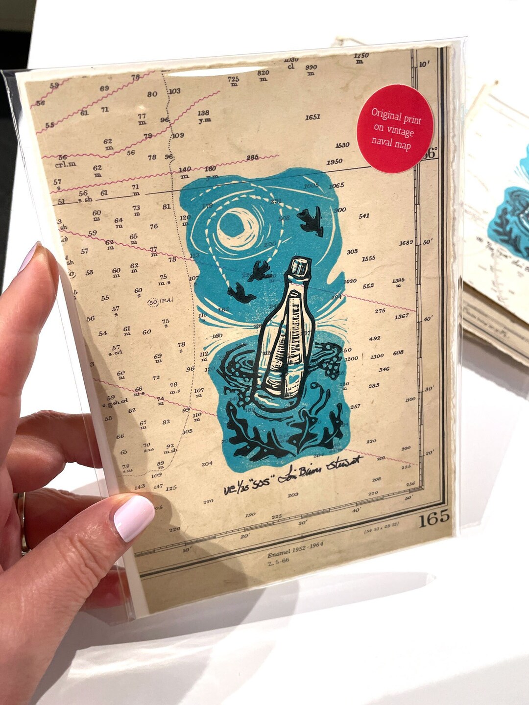 SOS, Message in a Bottle, Sail, Crow in Boat, Sea and Stars, Linocut ...