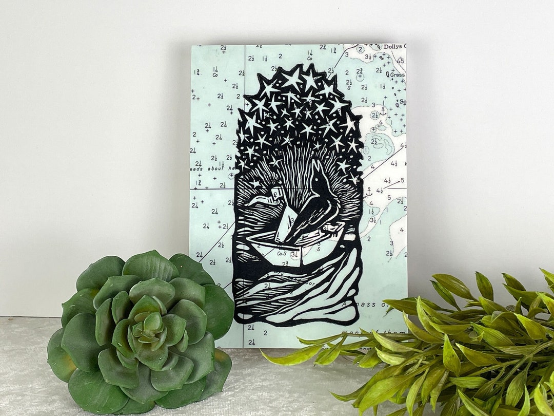 Raven Sailboat Linocut Print Reproduction on Cradled Wood Panel - Etsy