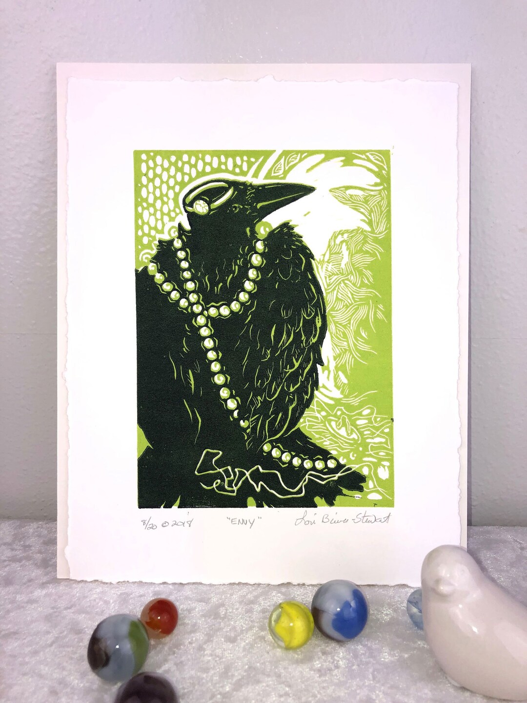 Original Crow Linocut Print: "envy" Pearl Necklace Bird Art - Etsy