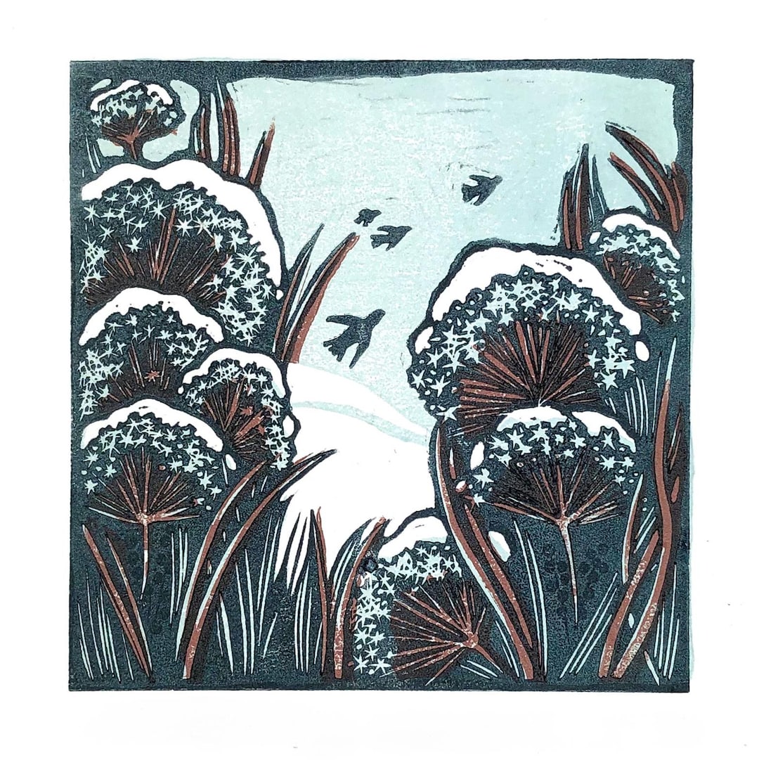 Reproduction-winter Landscape Linocut Print, Birds & Queen Anne's Lace ...