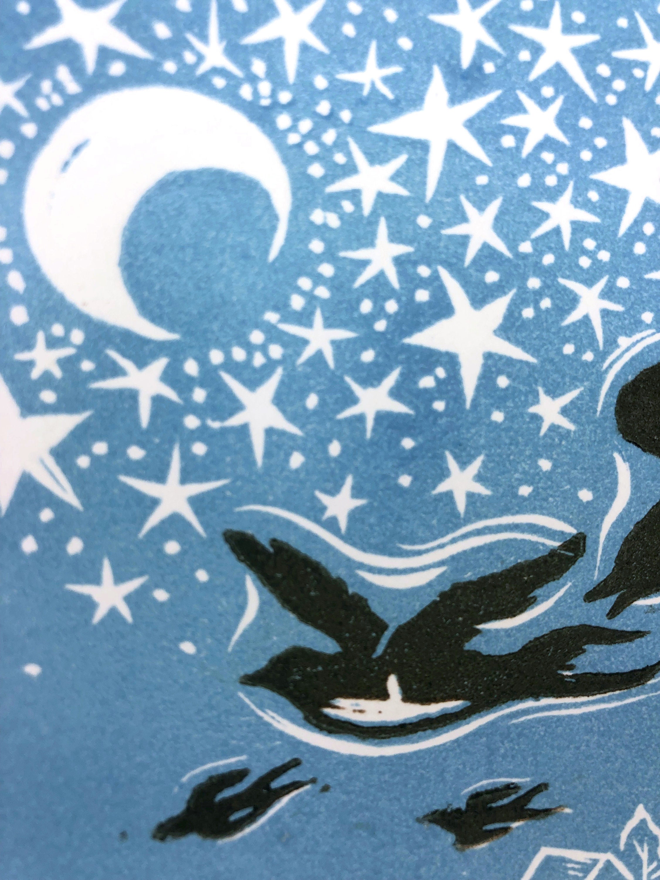 Moonlight Swallow, Flying Birds,linocut Print, Graphic Design Print ...