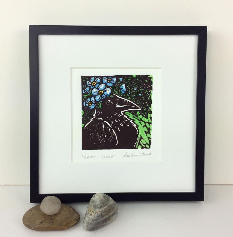 Florist-crow With Hat of Flowers-raven-linoleum Print-printmaking ...