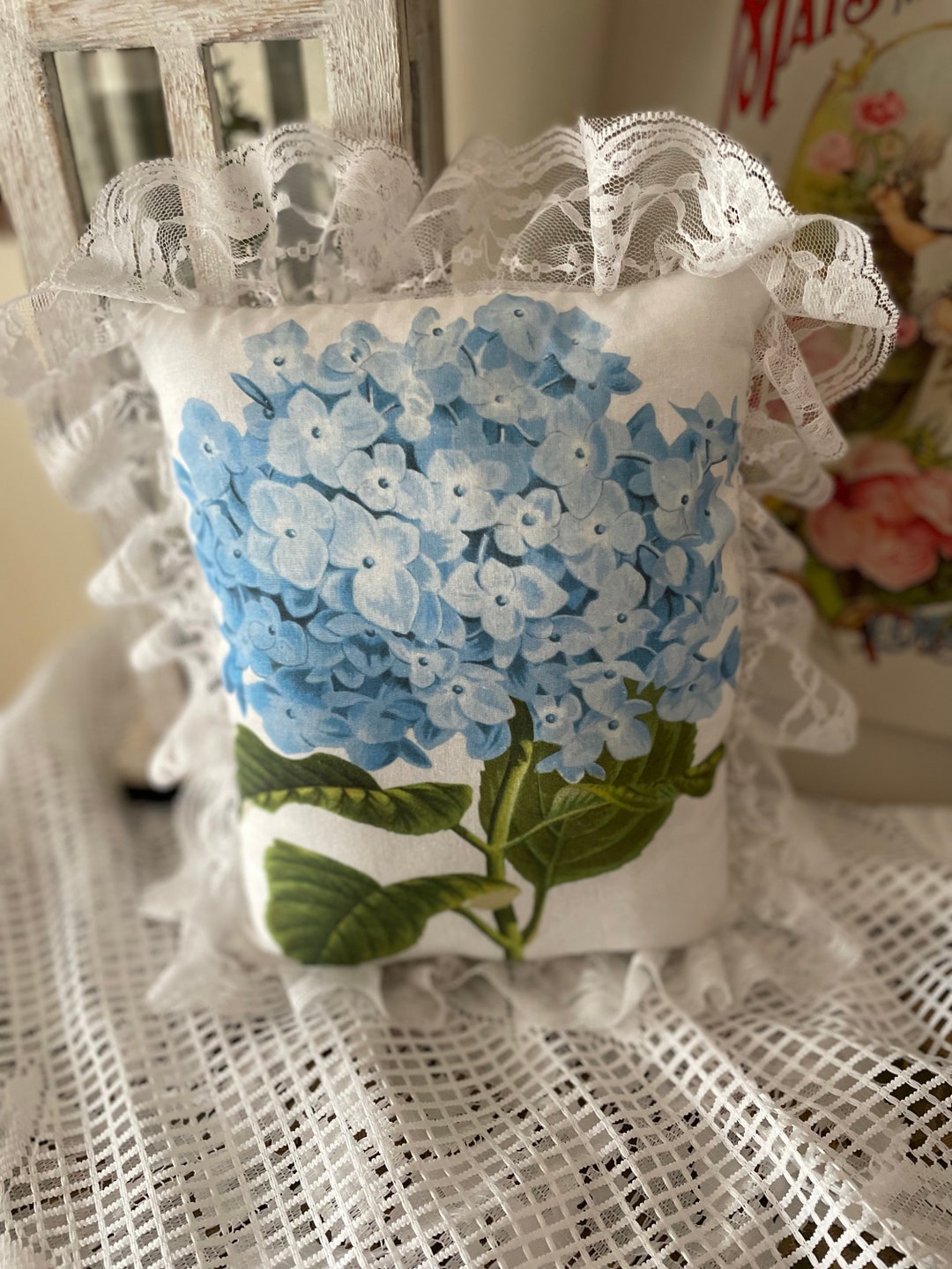 Small Blue Hydrangea Pillow With Lace Trim, Mini Blue Floral Pillow - Etsy