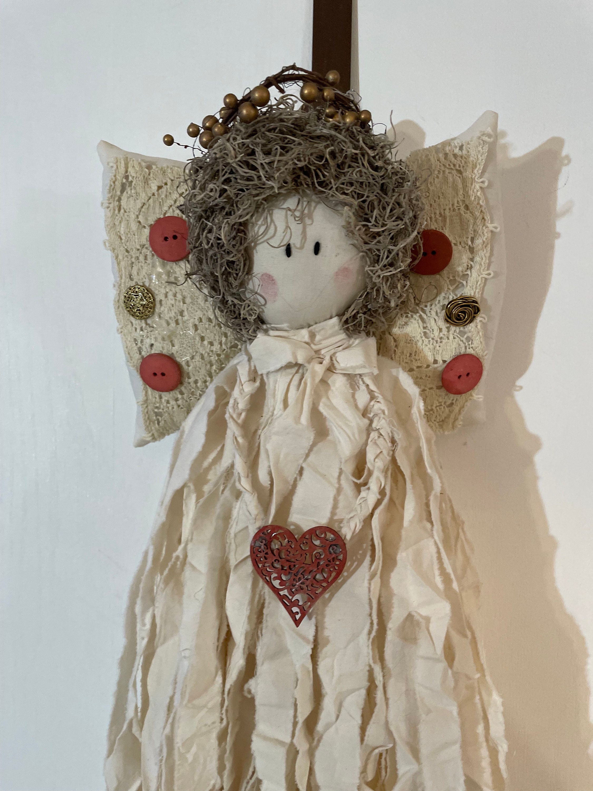 Handmade Fabric Angel of Love, Rustic Fabric Angel With Red Heart and ...