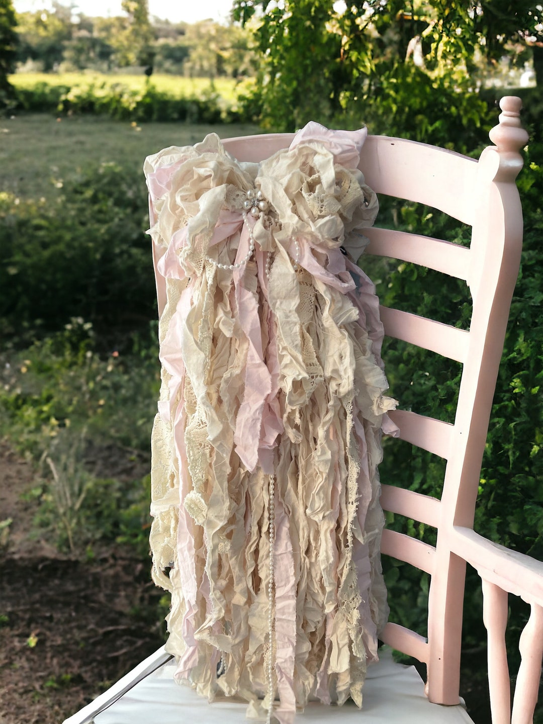 Very Shabby Rag Bow, Curly Bow With Lace , Pearls & Pink, Shabby Chic ...