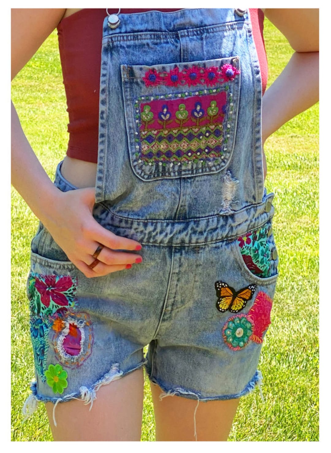 Size S Embroidered Denim Overall Shorts - Etsy
