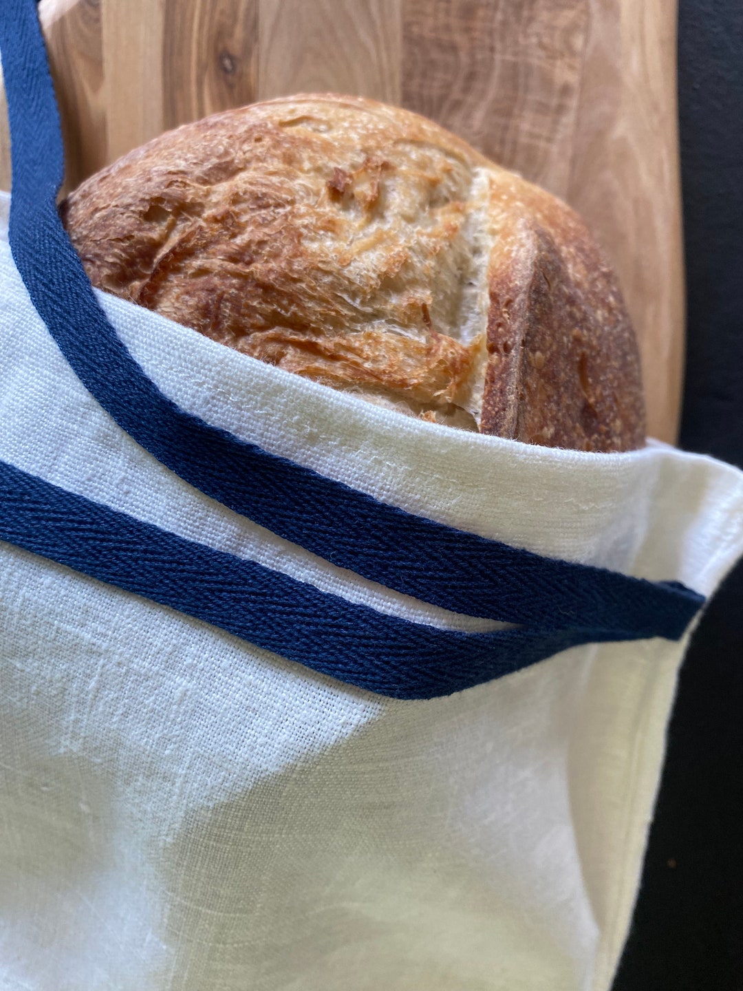 Linen Bread Bags. Sturdy Cream Textured Linen Bread Bag With Blue ...