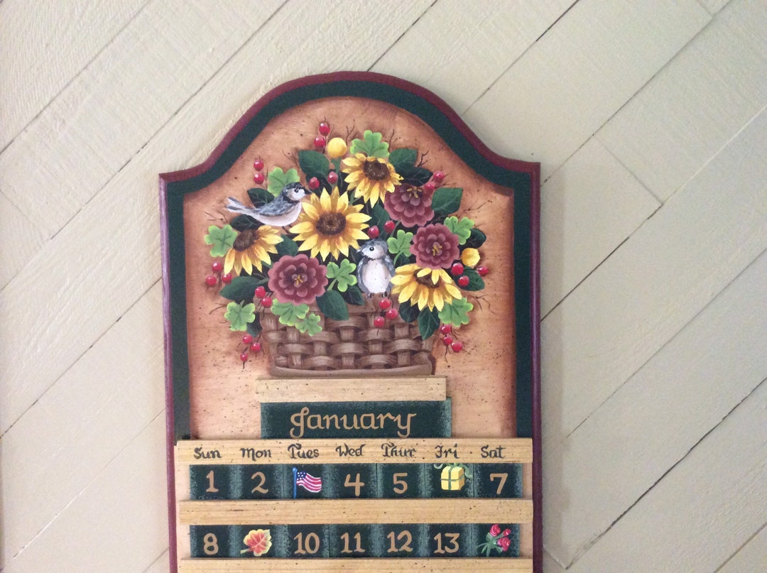 Perpetual Calendar, Made to Order, Basket of Flowers in Your Colors. 24 ...