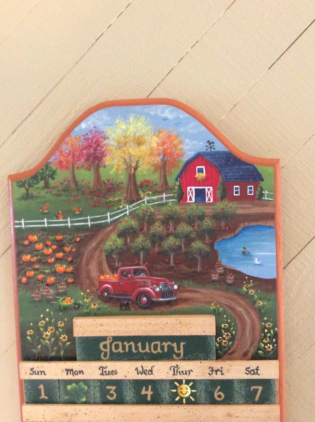 Perpetual Calendar Fall Scene With Red Truck, Pumpkins, Fall Trees. 24 ...