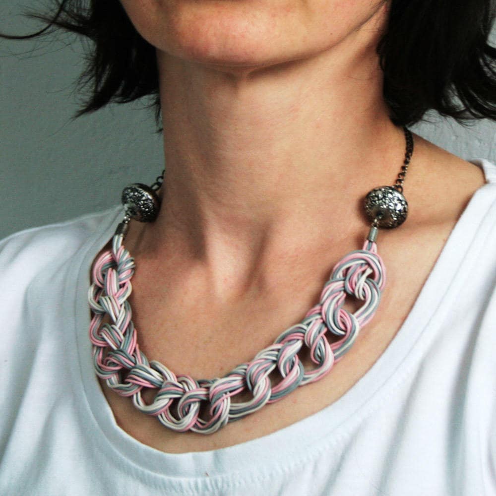 Upcycled Statement Necklace. Upcycled Jewelry. White and Pink Necklace ...
