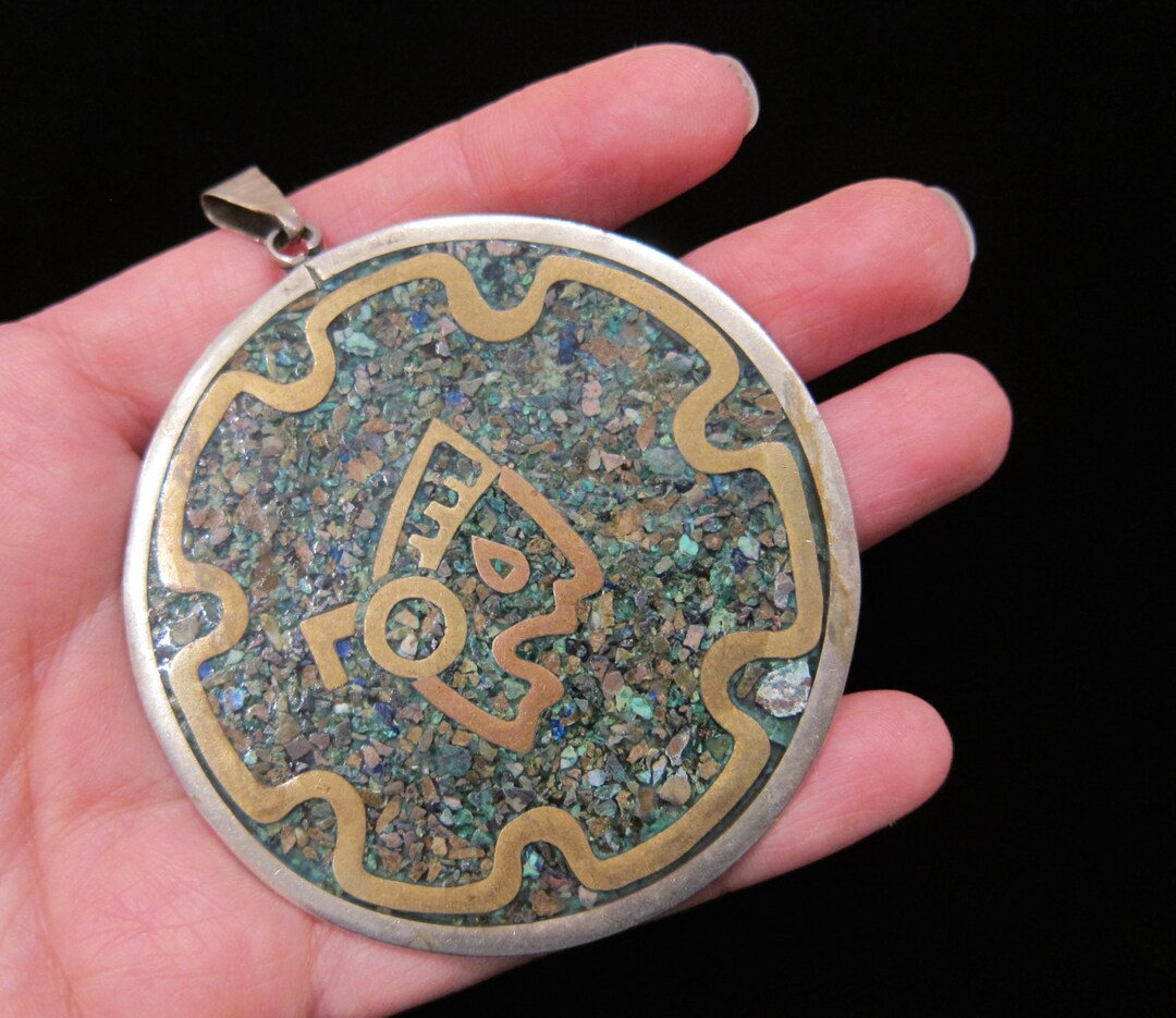 Vintage Mexico Metales Casados Mayan Aztec Warrior Stone Chip Inlay ...