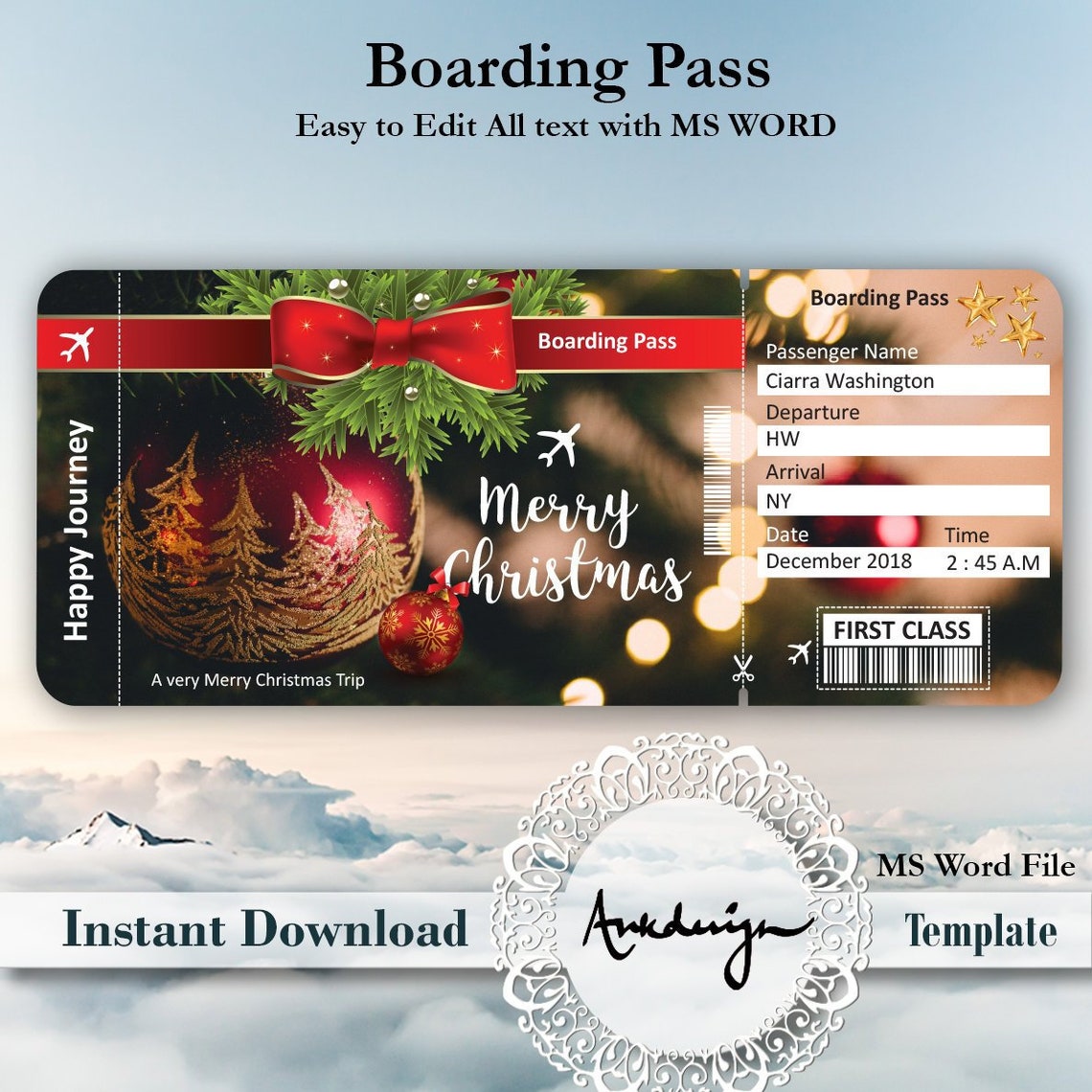 Christmas Ticket Template Airline Ticket Digital Download Airplane Christmas Ticket Template Airline Ticket Digital Download Airplane
