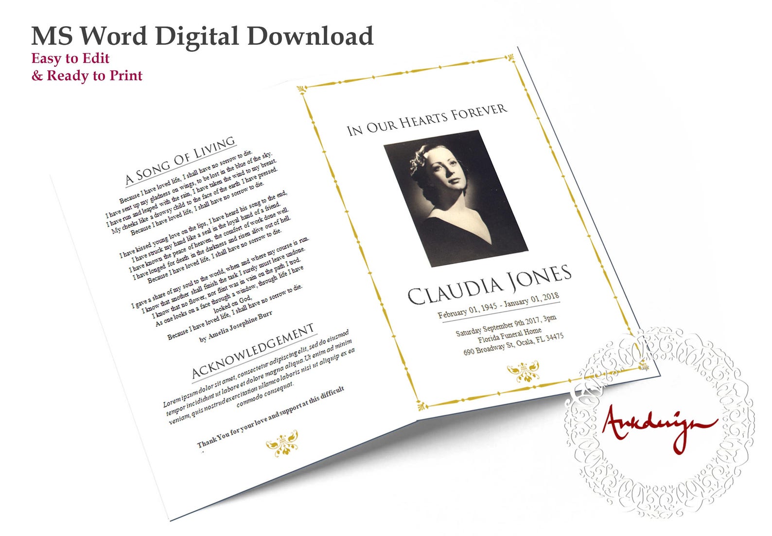 White and Gold Funeral Program Template Funeral Card Digital - Etsy