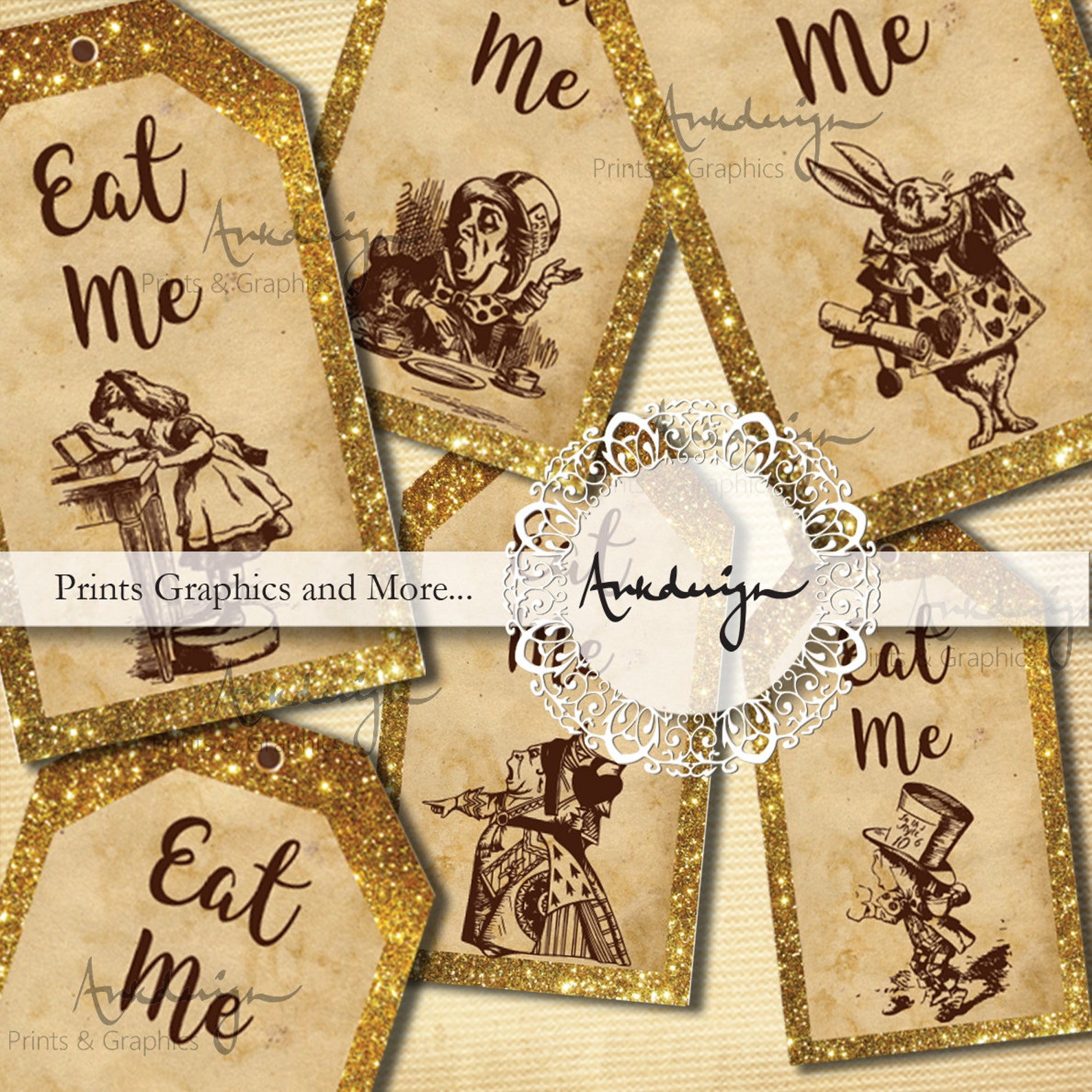 Eat Me Golden Tag Vertical Alice in Wonderland Favor Tags - Etsy