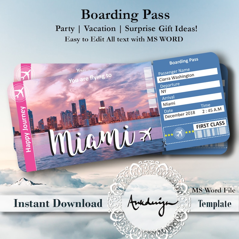 MIAMI Ticket Airline Ticket Invitation Airplane Ticket | Etsy