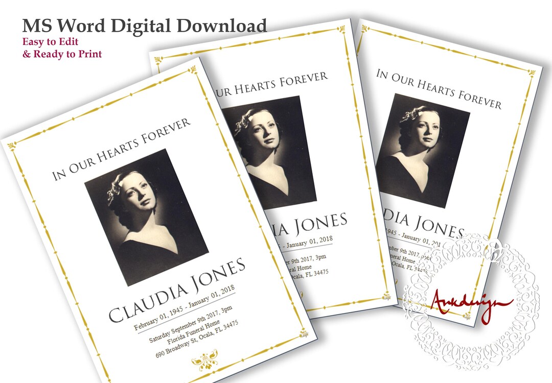 White and Gold Funeral Program Template Funeral Card Digital - Etsy