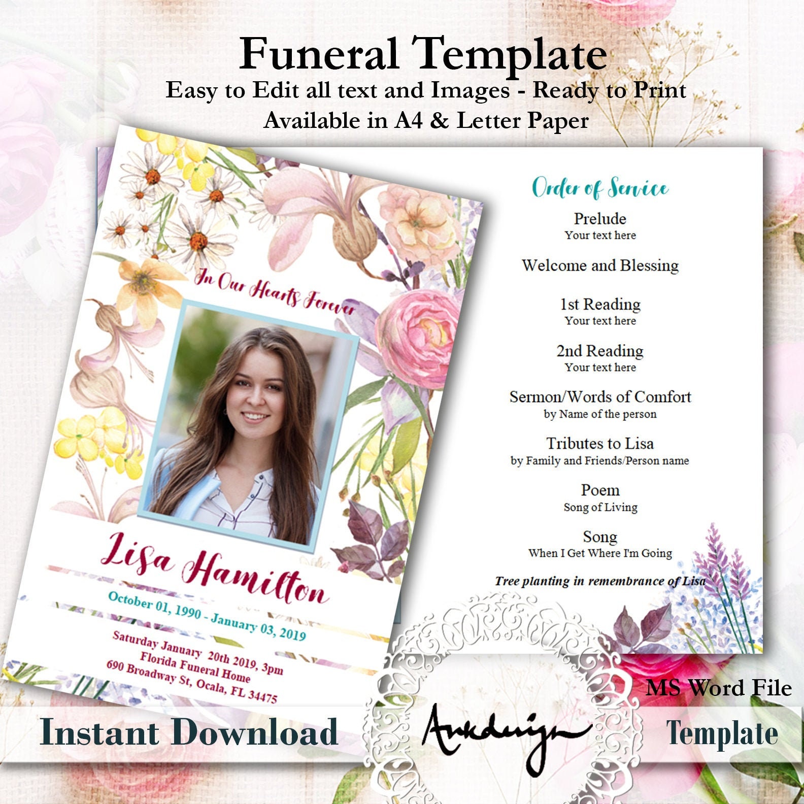 4 Page Floral Funeral Program Template Funeral Booklet MS - Etsy