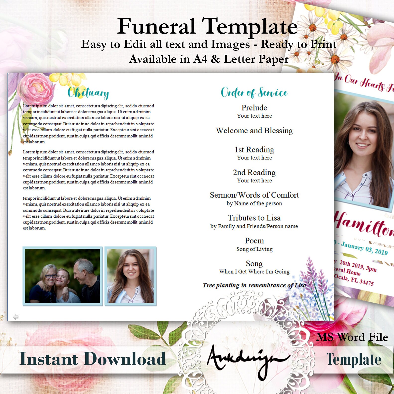 4 Page Floral Funeral Program Template Funeral Booklet MS - Etsy