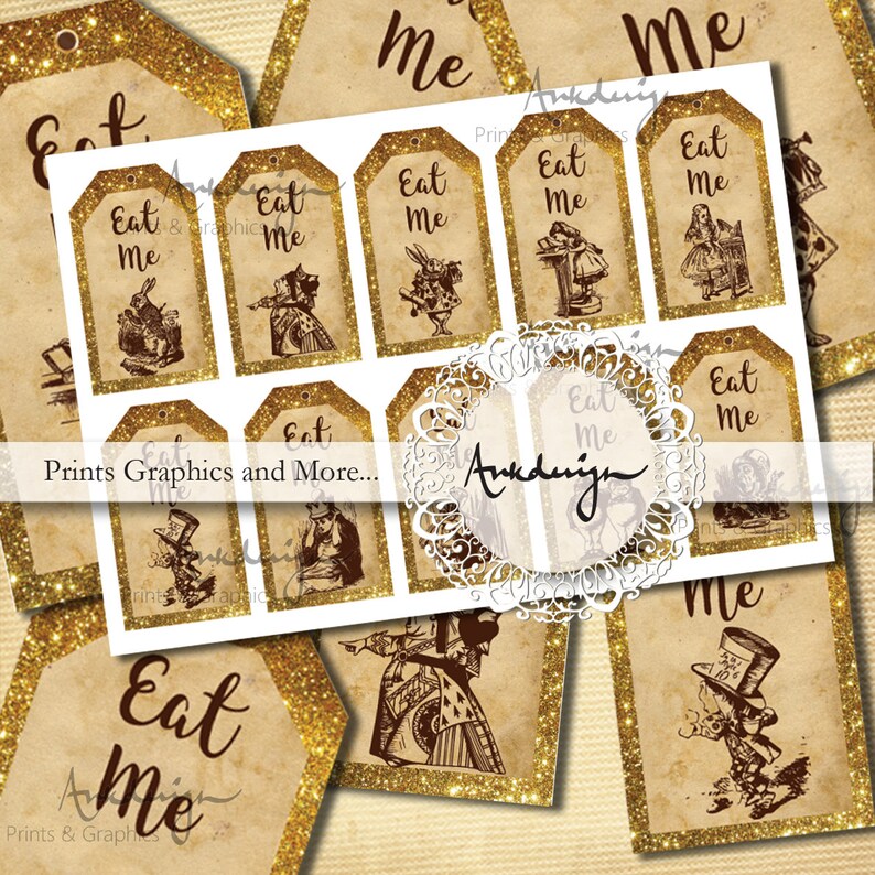 Eat Me Golden Tag Vertical Alice in Wonderland Favor Tags - Etsy