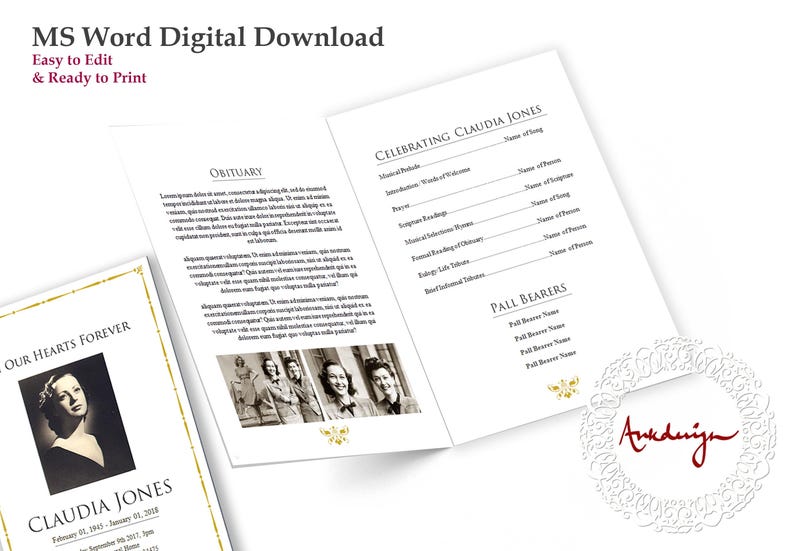 White and Gold Funeral Program Template Funeral Card Digital - Etsy
