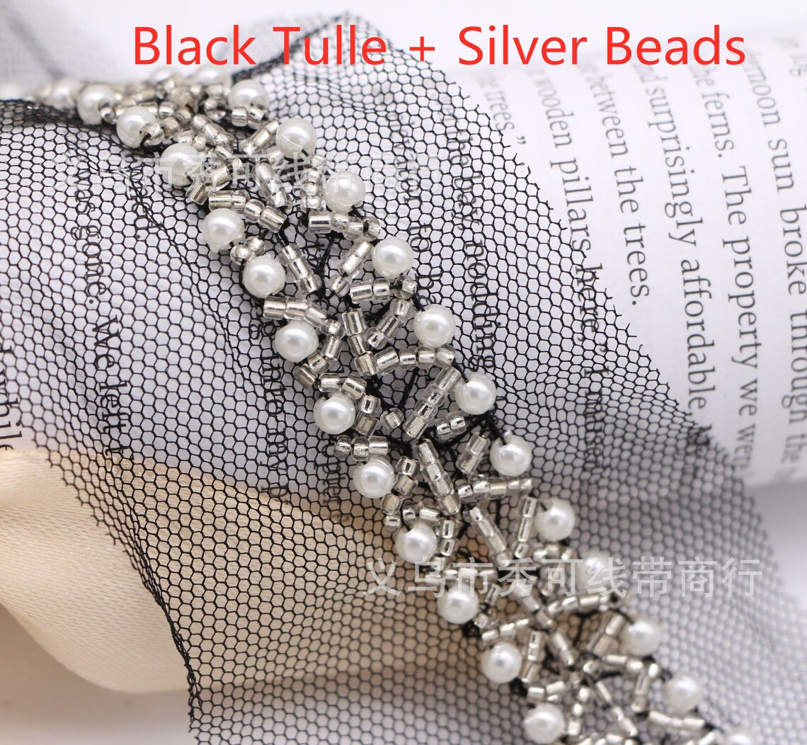 Silver Beaded Trim Delicate Bridal Mesh lace Trim Colorful | Etsy