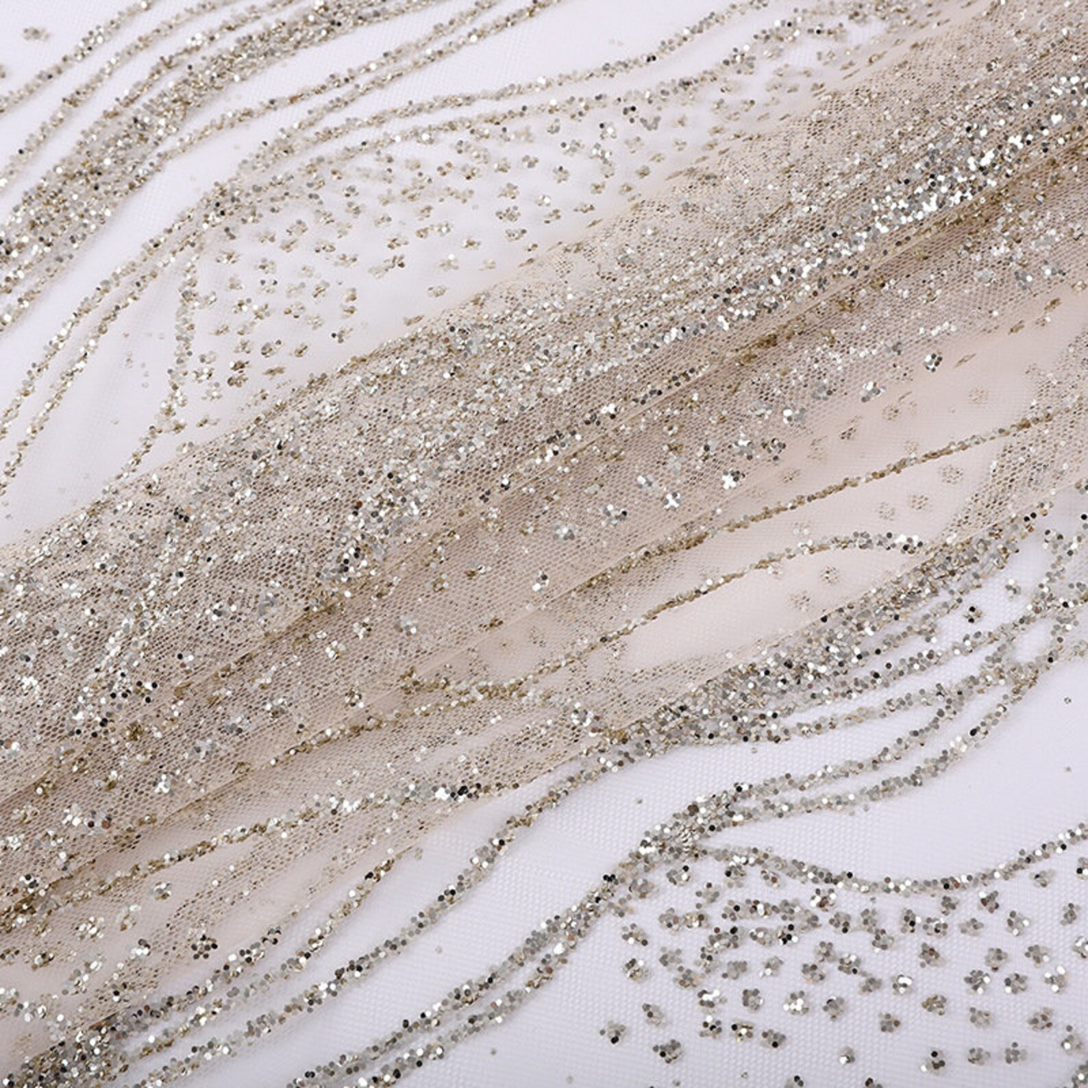 Print Sparkle Glitter Overlay Tulle Lace Fabric, Wave Pattern Mesh ...