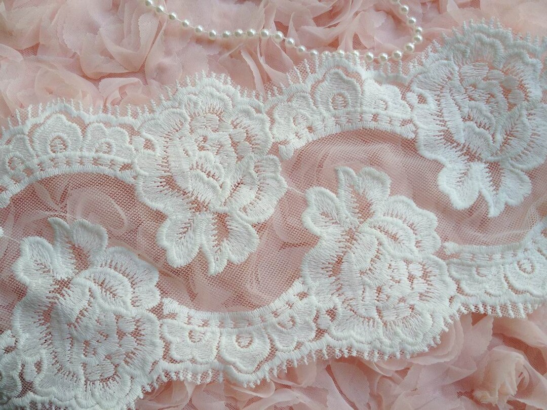 Off White Rose Lace Trim, Mesh Embroidered Lace, Vintage Rose Lace ...