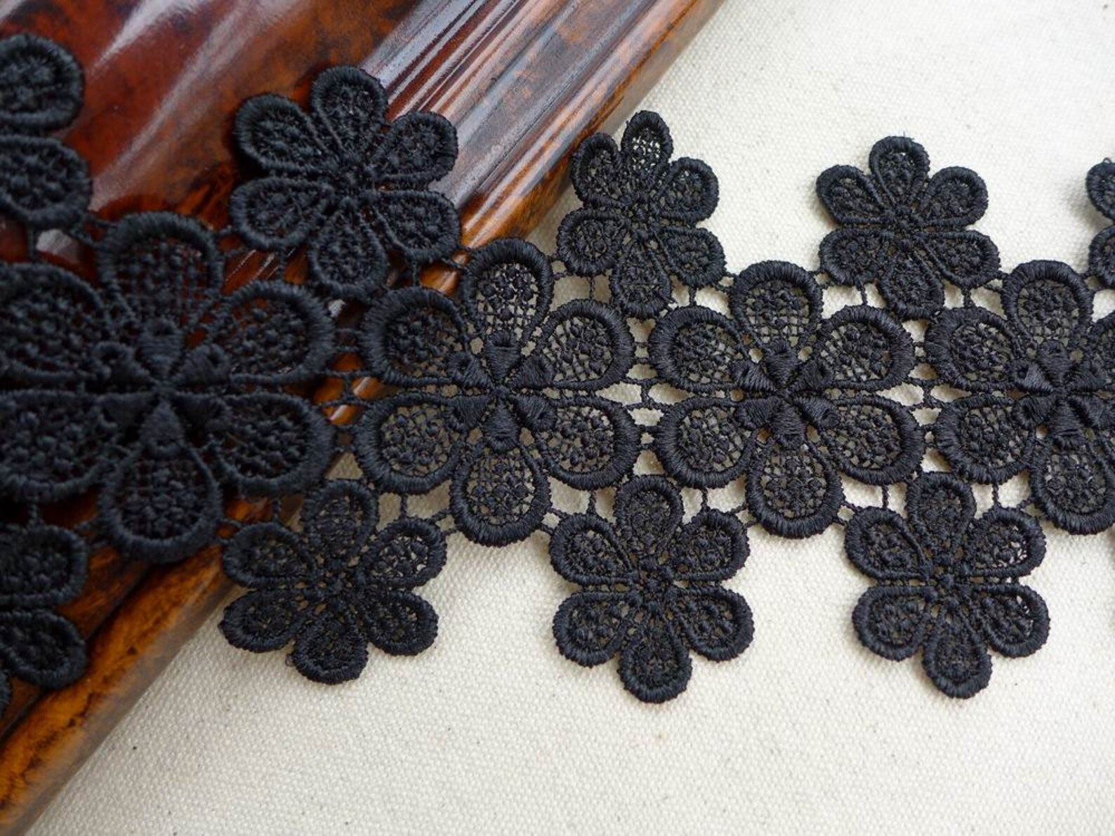 Black Lace Fabric Trim Venise Lace Applique Black Flower | Etsy