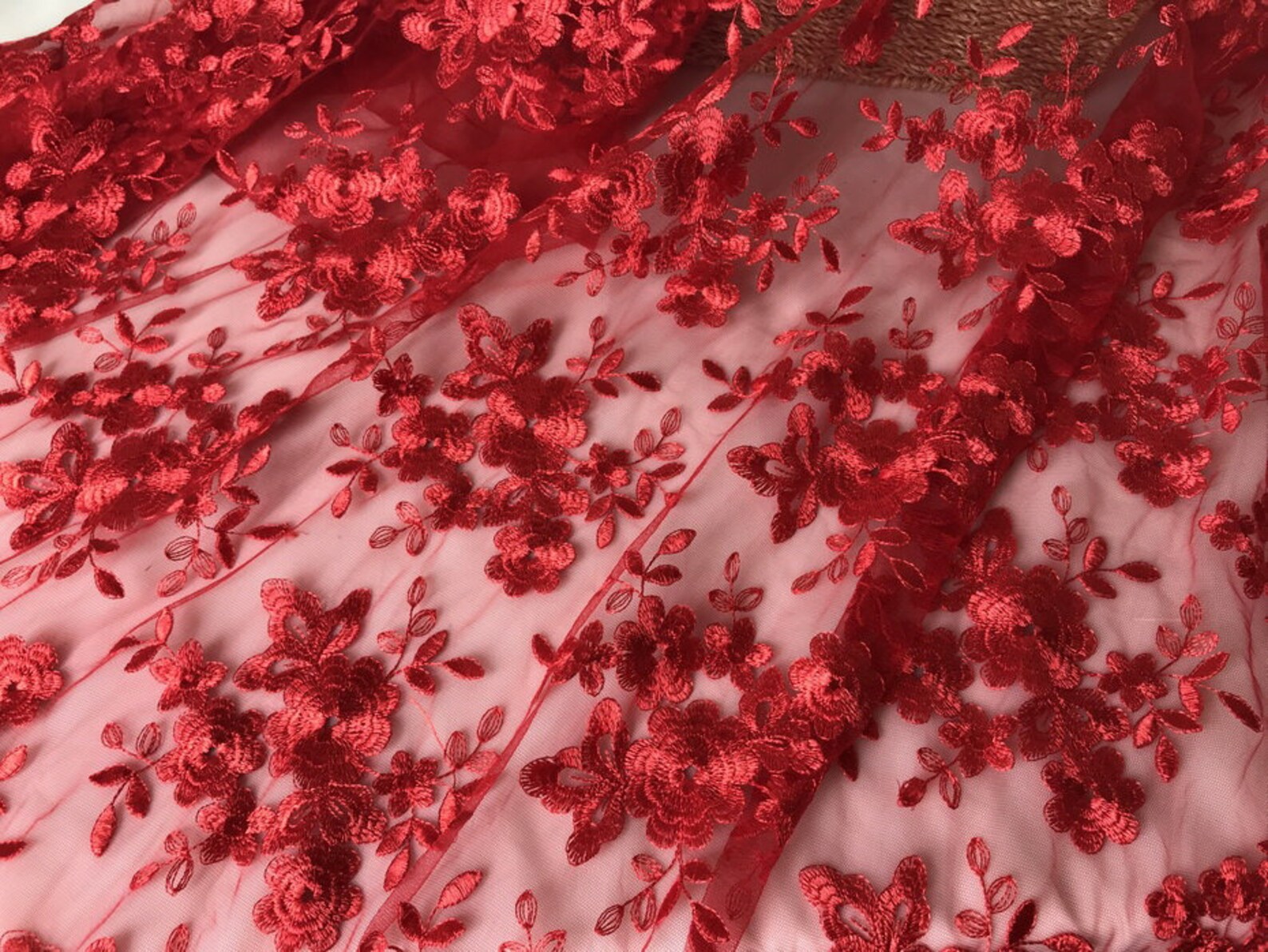 Red Lace Fabric Red Floral Scalloped Lace Fabric Wedding - Etsy