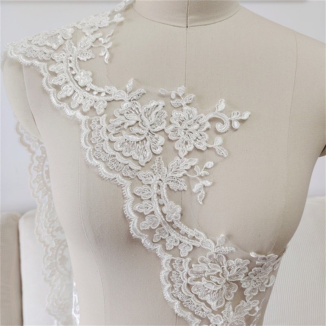 Ivory Bridal Floral Alencon Cord Lace Trim, Scallop Border Lace Trim ...