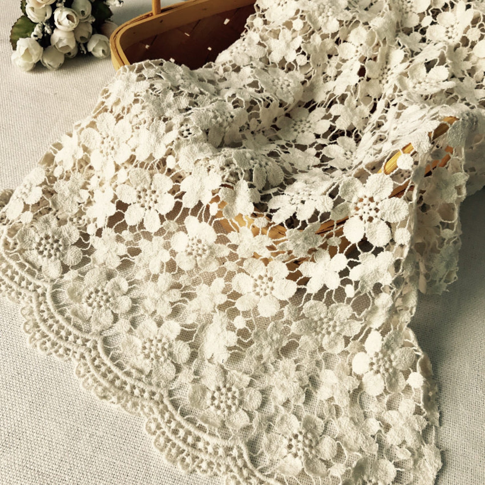 Vintage Style Cotton Fabric, Scalloped Trim Fabric, Beige Crochet Lace ...