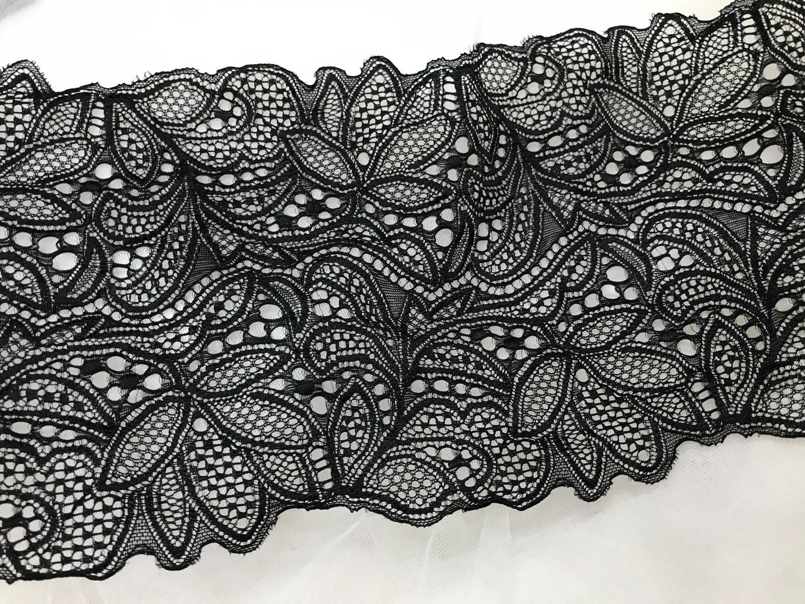 6.3" Wide Stretch Lace Black Elastic Fabric for Garment Dress Home ...