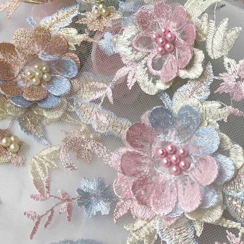 Chic 3D Floral Bodice Lace Applique, Pink + Blue Flowers Patch, Pearls ...