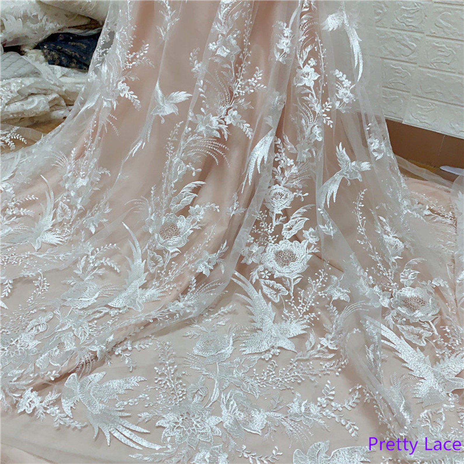 Delicate Embroidery Birds Lace in off White Sequins Floral | Etsy